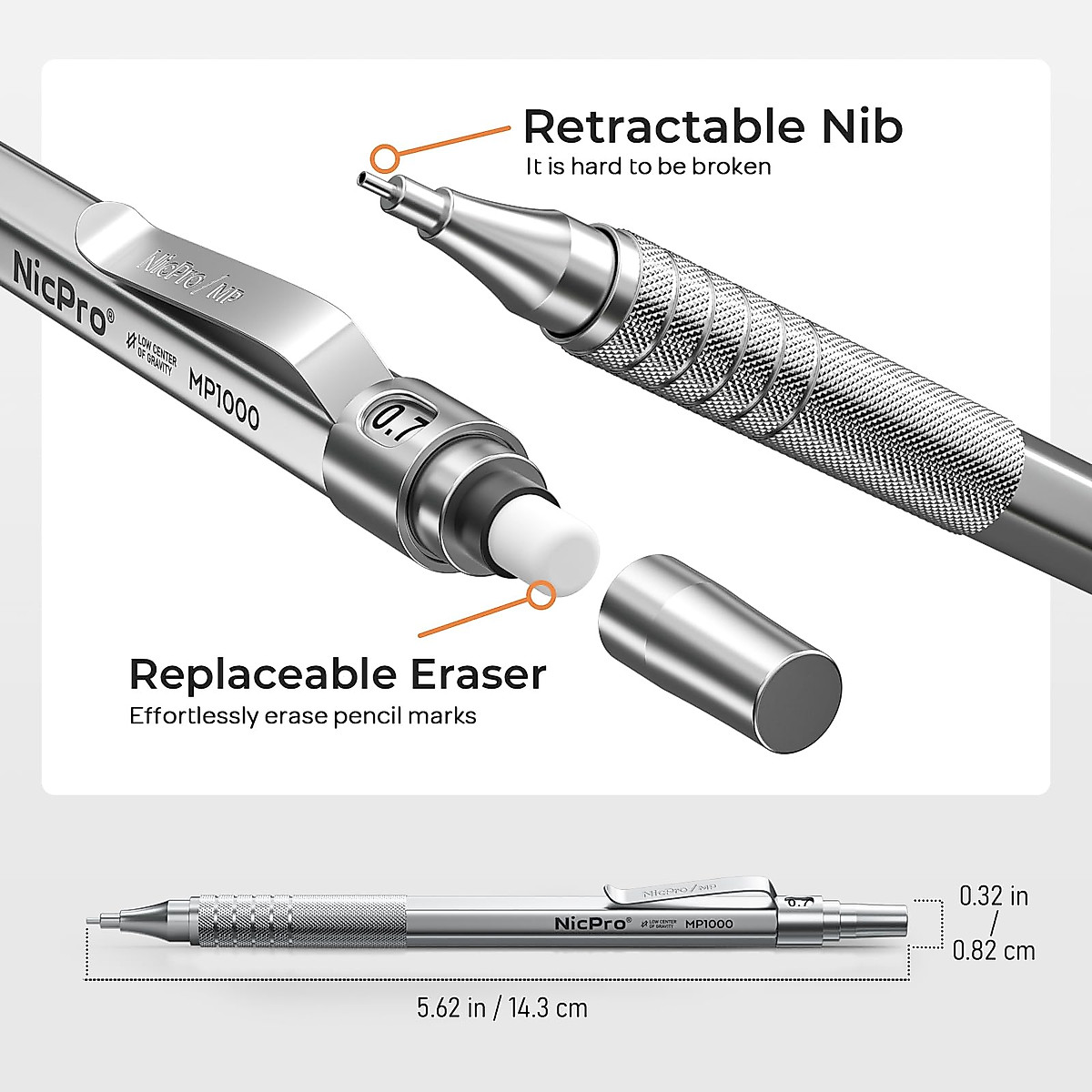 Nicpro 2 PCS Mechanical Pencils 0.5mm & 0.7 mm with Case, Metal Artist Pencil Set with 4 Tubes HB Lead Refills, 2 Erasers, 9 Eraser Refills For Art Writing Drafting, Drawing, Sketch, Silver