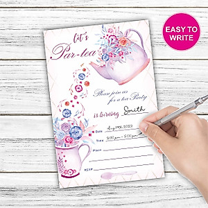 Tea Party Birthday Invitations, Par-tea Birthday Party Invites Decorations, Kids Adults Birthday Party and Events Supplies, 20 Fill-in Invites Cards with Matching Envelopes（YQK-038）