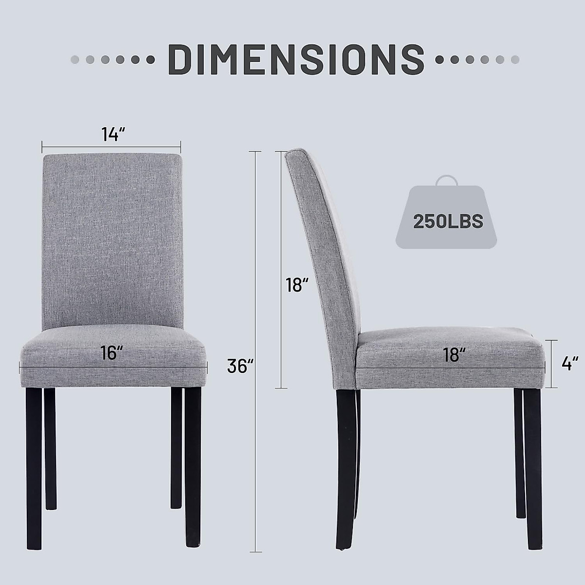 Zanzio Set of 2 Dining, Upholstered Fabric Side Chair Ergonomic High Back Armless with Wood Legs and Padded Seat, Light Gray