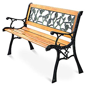 Giantex 50'' Patio Park Garden Bench, Outdoor Furniture Rose Cast Iron Hardwood Frame Porch Loveseat for 2 Person Outdoor Clearance