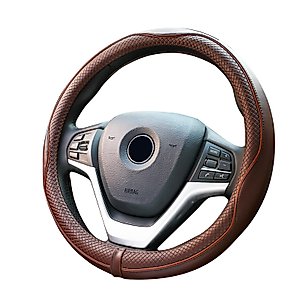 Valleycomfy Steering Wheel Covers Universal 15.75 inch - Genuine Leather, Breathable, Anti Slip & Odor Free (Coffee, L(15" 1/2-16"))