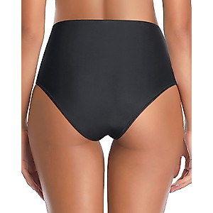 Tempt Me Women's Black High Waisted Bikini Bottom Full Coverage Retro Tummy Control Swimsuit Bottom S