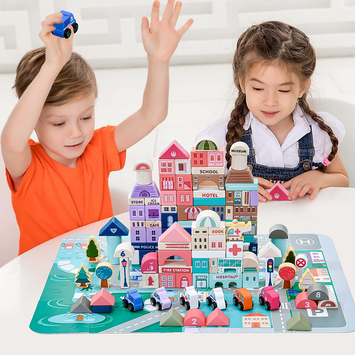 Xylolin Wooden Building Blocks Set, 115 Pieces City Construction Stacking Blocks Toys, Preschool Learning Educational Toys Boys Girls Age 3 4 5 6 Years Old