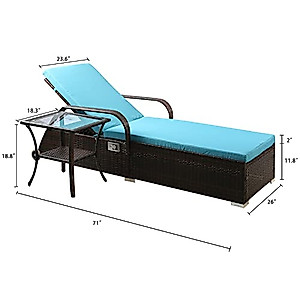 DECMICO Chaise Lounge Chair Set of 3 Outdoor Wicker Patio Furniture, Infinite Position Adjustable Backrest with Removable Cushion and a Glass Table,Ideal for Yard, Garden, and Backyard (Turquoise)