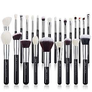 Jessup 25pcs Professional Makeup Brush Set Foundation Powder Concealer Eyeshadow Blending Blush Highlighter Natural-Synthetic Hair Brushes (Black/Silver)