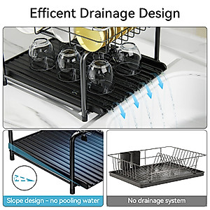 CLESOO Sink Dish Drying Rack - Rust Resistant Metal Dish Rack - Multifunctional Extendable Dish Drying Holder with Draining Mat - Drainer for Kitchen Sinks and Worktops with 4 Ways of Use