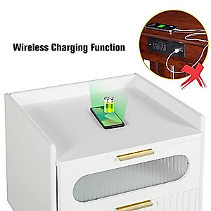 AILEEKISS Nightstand with Wireless Charging Function Modern Night Stands with Tempered Glass Drawer Wooden Nightstands for Bedroom (White)