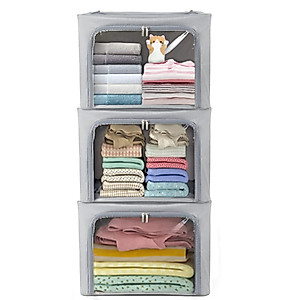 Stackable Clothes Storage Box for Clothing Gadgets,Steel Frame Storage Bins for Toys Gift,Foldable Oxford Fabric Closet Organizer Bag Set with Carry Handles Clear Window (Small- 22L x3 Pack, Grey)