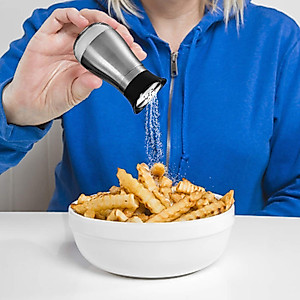 MITBAK Salt and Pepper Shakers (2-Pc. Set) Modern Stainless-Steel w/Clear Glass Bottom | Compact Cooking, Kitchen and Dining Room Use | Classic, Refillable Design (Black)