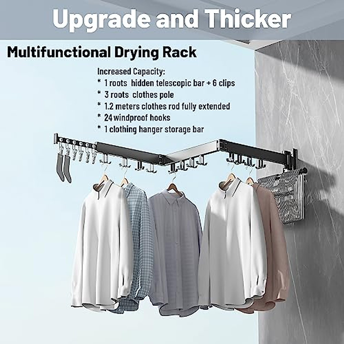 Zxlozxly Wall Mounted Clothes Hanger Rack, Black Retractable Clothes Drying Rack, Laundry Drying Rack, Collapsible (Tri-Fold), Clothes Drying Rack for Laundry Balcony Bedroom