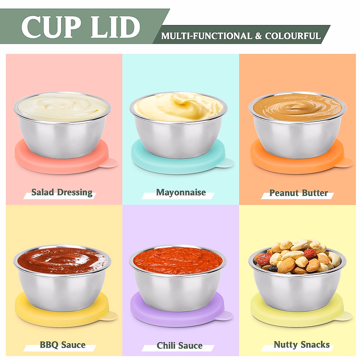 Milifox 6 Pack 1.7oz Stainless Steel Salad Dressing Containers To Go Stainless Steel Condiment Sauce Cups Container Small Reusable Dipping Cup with Leakproof Silicone Lids