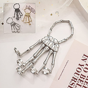 Unique Exaggerate Style Skull Finger Hand Bone Bracelet Punk Handmade Halloween Metal Skeleton Bangle Horror Halloween Goth Ghost Claw Jewelry Ornaments for Women (Antique silver)