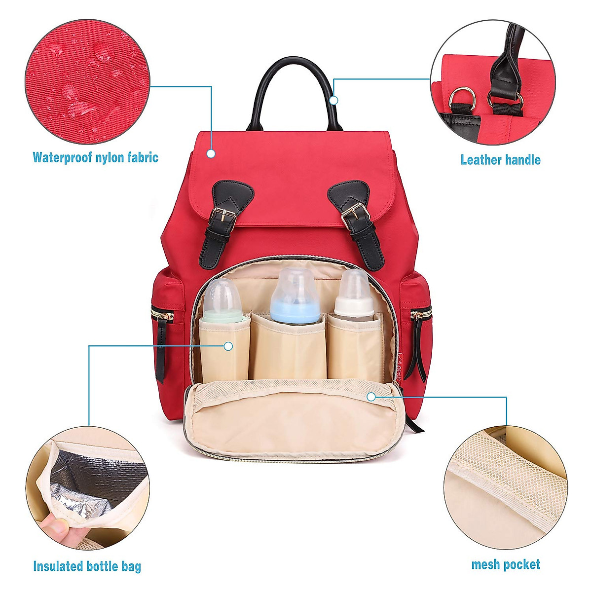 QIMIAOBABY Diaper Backpack, Waterproof Nylon Baby Nappy Storage Bag (Red)