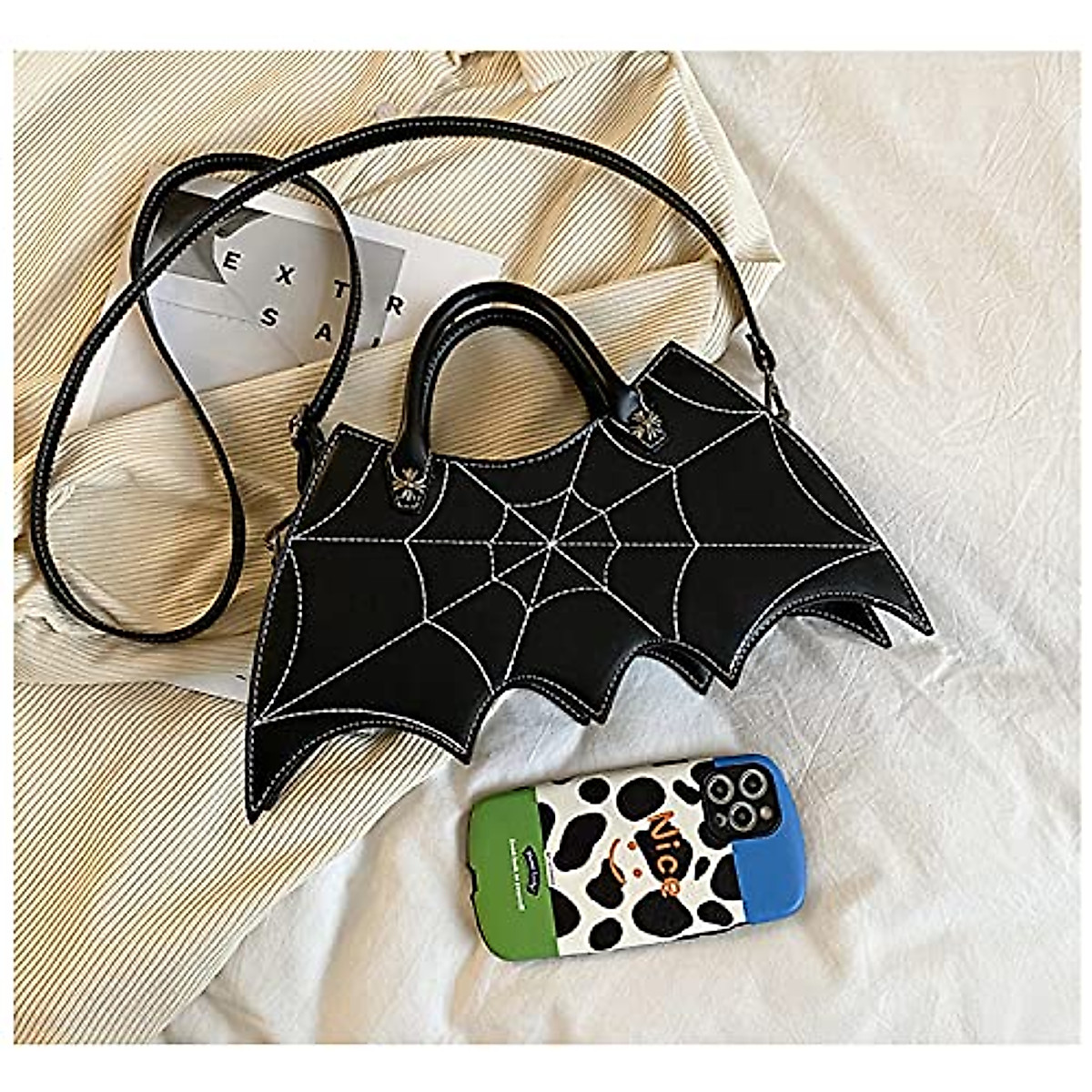 KUANG! Women Bat Wing Shoulder Bag Fashion Halloween Spider Web Tote Purse Crossbody Handbags Purse for Girls