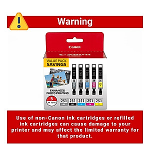 Canon CLI-251 BK/C/M/Y/GY 5 Color Value Pack Compatible to MG7520, MG5620, MG6620