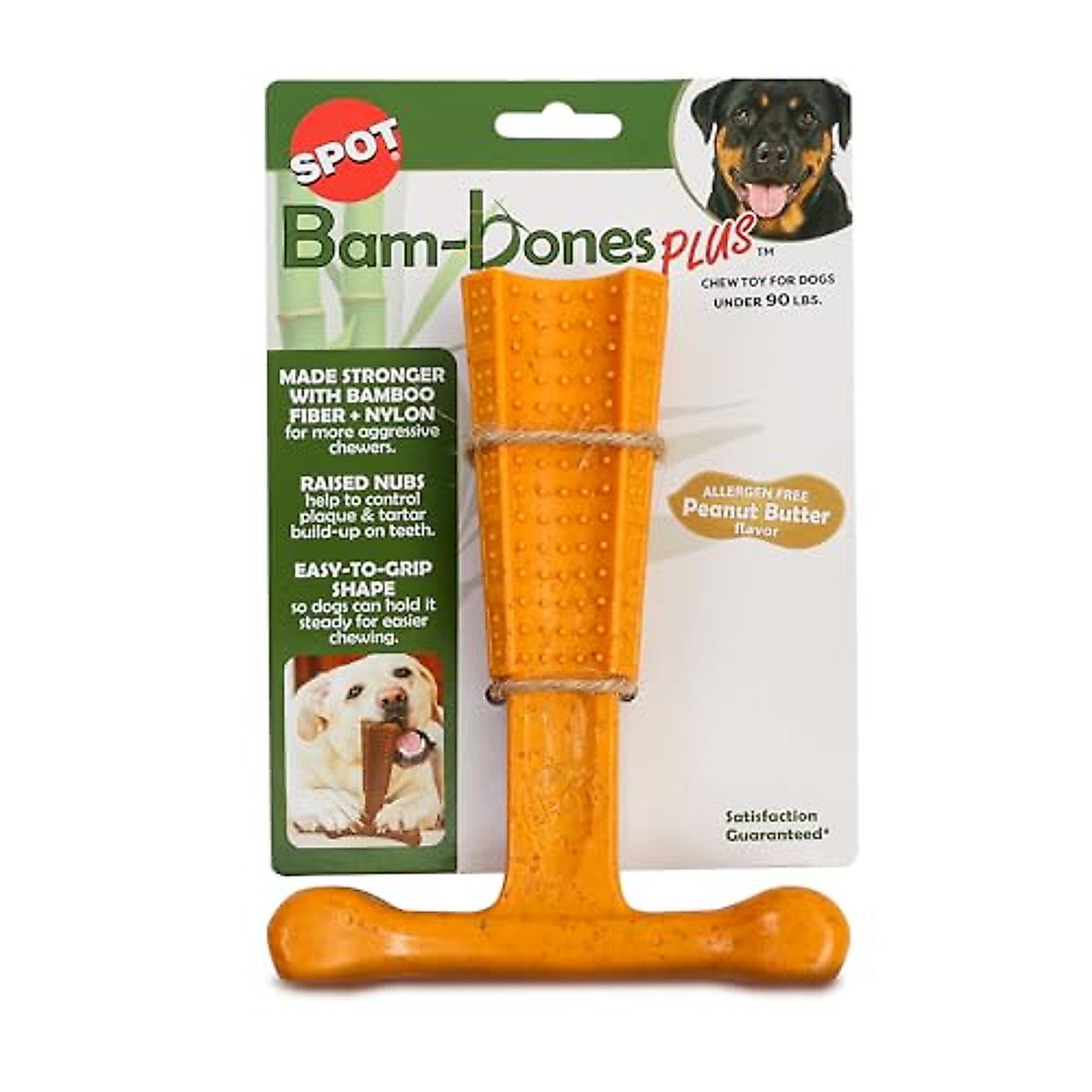 SPOT Bam-Bones Plus T Bone - Bamboo Fiber & Nylon, Durable Long Lasting Dog Chew for Aggressive Chewers – Toy for Dogs & Puppies Under 90lbs, Non-Splintering, 7in, Allergen Free Peanut Butter Flavor