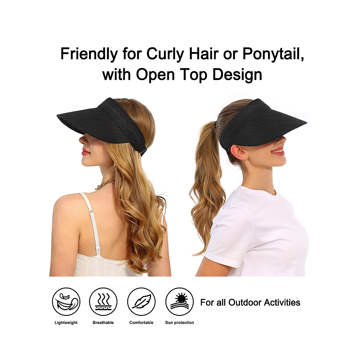 LA CARRIE Wide Brim Straw Visor for Women Sun Hat UV Protection Packable Beach Cap for Summer UPF 50+(Black)