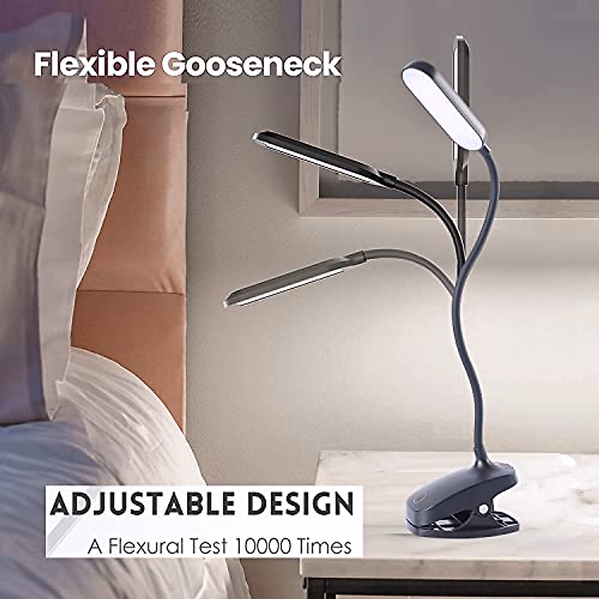 COLORLIFE Desk Lamp Battery Operated Rechargeable Clip On Reading Light Light up to 100 hrs Flexible Gooseneck Cordless Dimmable Lamp for Desk Bed Headboard Piano (Black)