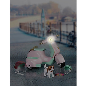 Lori Dolls – Toy Scooter for Mini Dolls – Vehicle with Accessories – Toy Dog with Helmet & Goggles – Working Lights & Sounds – Let’s Go for a Spin Scooter – 3 Years +