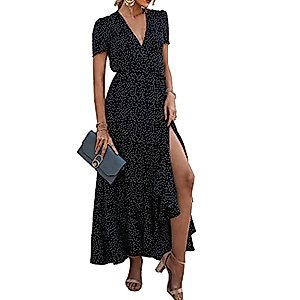 PRETTYGARDEN Women's Summer Wrap Maxi Dress Casual Boho Floral V Neck Short Sleeve Ruffle Hem Split Beach Long Dresses (Black Polka Dot,X-Large)