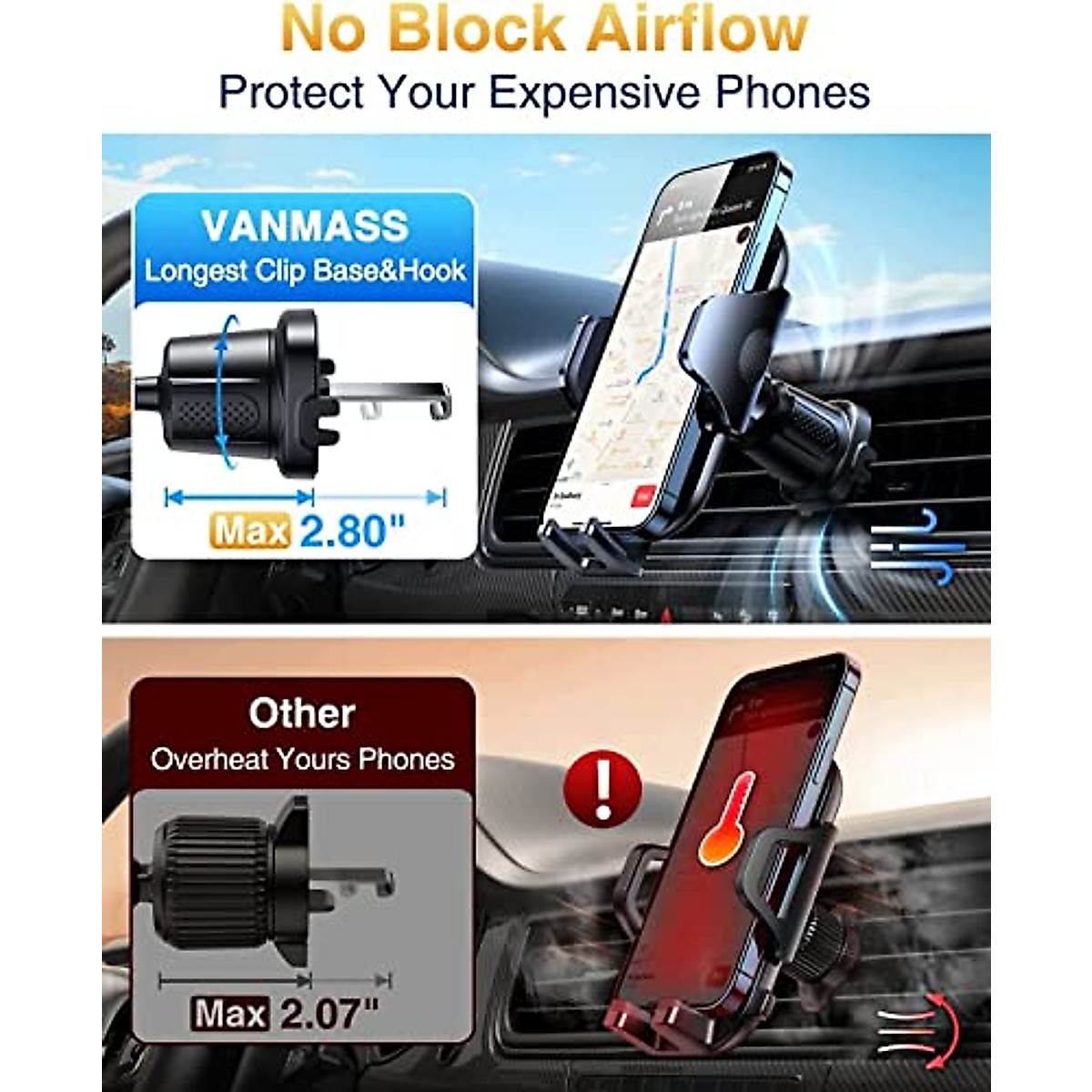 VANMASS Upgraded Car Vent Phone Mount [Patent Steel-Hook] Air Vent Holder Clip Sturdiest Shockproof Universal Mobile Cell Phone Mount Handsfree Stand Cradle for iPhone 14 13 Samsung Galaxy,Grey