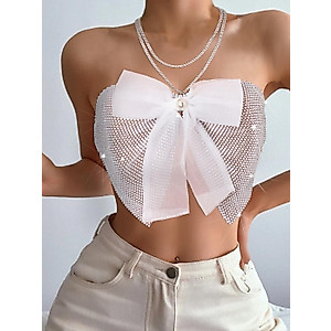 Wriidy Rhinestone Bra Bikini Sparkly Beach Top Mesh Fishnet Pearl Underwear Body Chain Accessories Nightclub Jewelry for Women and Girls (White)