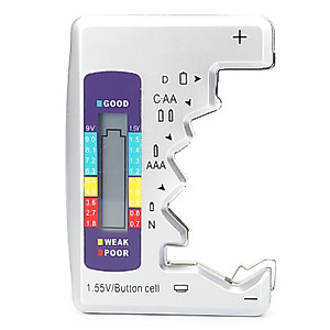 Digital Battery Tester, LCD Display Universal Batteries Checker Household Small Mini Testers Button Cell for All AA AAA C D 9V Capacity Measuring Testing Detector Tool 90mm Multiply 60mm Silvery