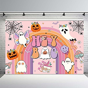MEHOFOND 7x5ft Halloween Baby Shower Backdrop Pink Hey Boo Kids Birthday Bash Banner Cute Ghost Retro Groovy Rainbow Birthday Party Decorations Background Halloween Baby Shower Decorations Banner