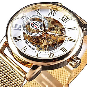 MASTOP Men's Hand-Wind Mechanical Wrist Watch Golden Black Stainless Steel Top Brand with Luxury Skeleton Dial (Gold White)