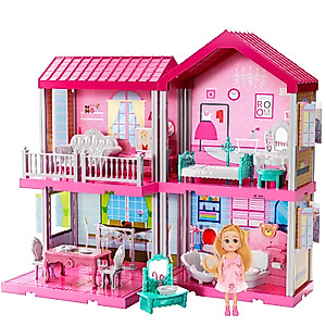 TEMI Villa Toys for 3 4 5 6 7 8 Years Old Girls - 2 Storeys 4 Rooms, Indoor Playset with 2 Dolls Toy Figures, Toys Furniture and Accessories, Pretend Girls Plays, Building Toys, Gifts Toy