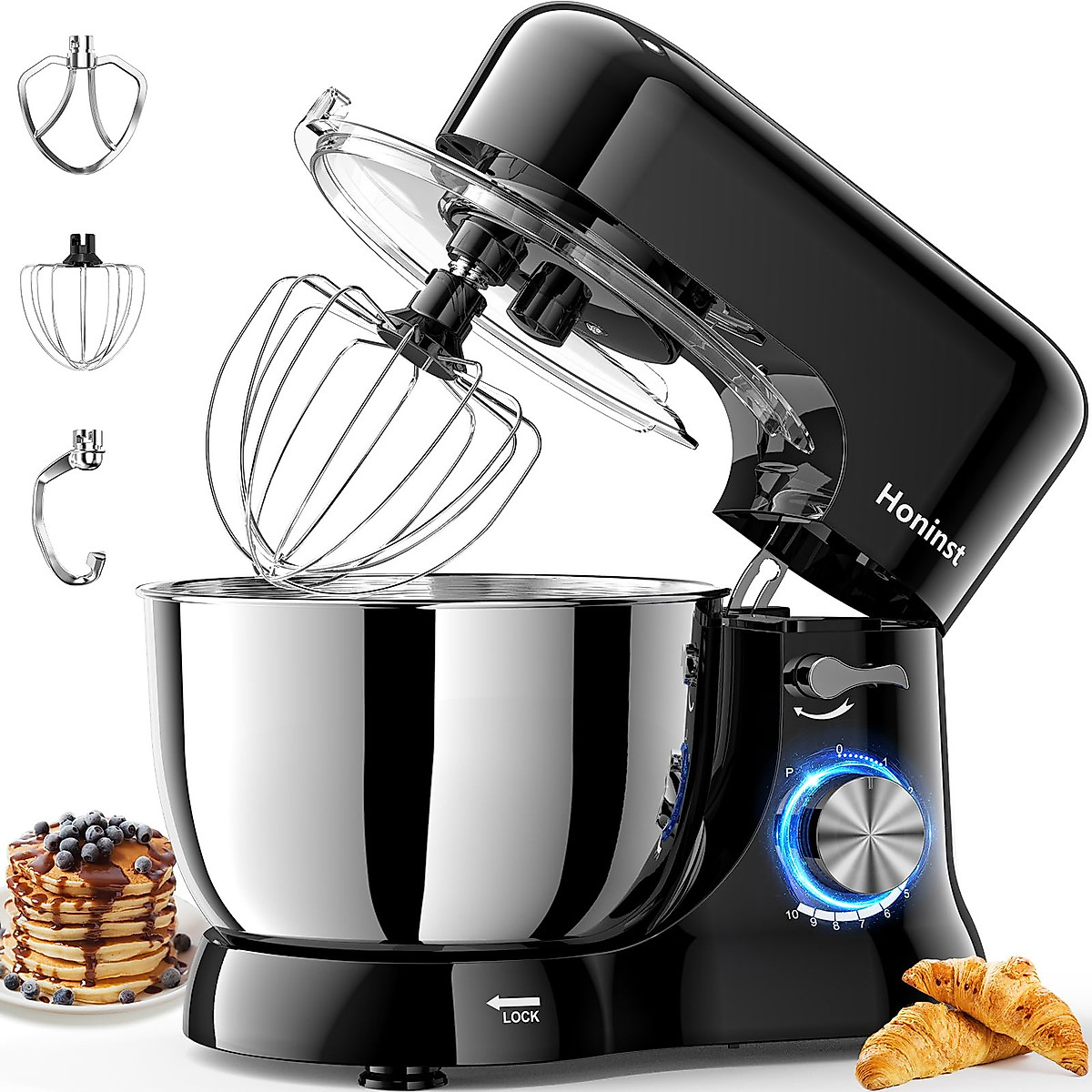 Honinst Stand Mixer，3-In-1 10-Speed 5.5QT Tilt-Head Food Mixer，Electric Mixer with Bowl, Dough Hook, Whisk and Beater，Kitchen Mixer for Baking, Cake and Most Home Cooks, Black