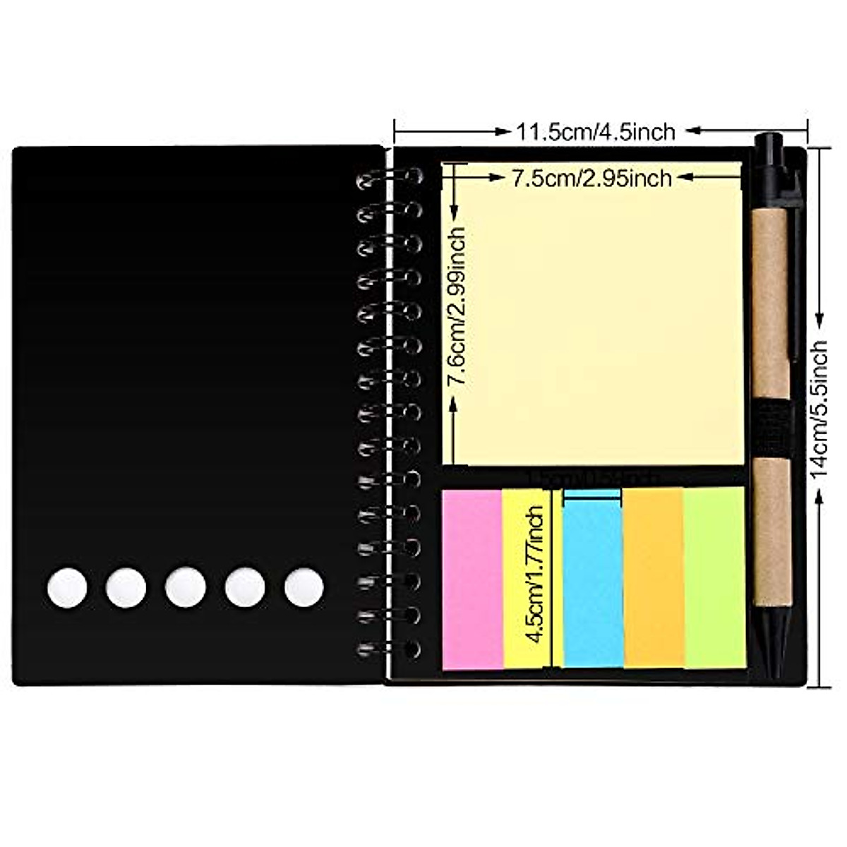 TOODOO 4 Packs 4.5 by 5.5 inch Spiral Notebook Lined Notepad with Pen in Holder and Sticky Notes, Page Marker Colored Index Tabs Flags (Black Cover)