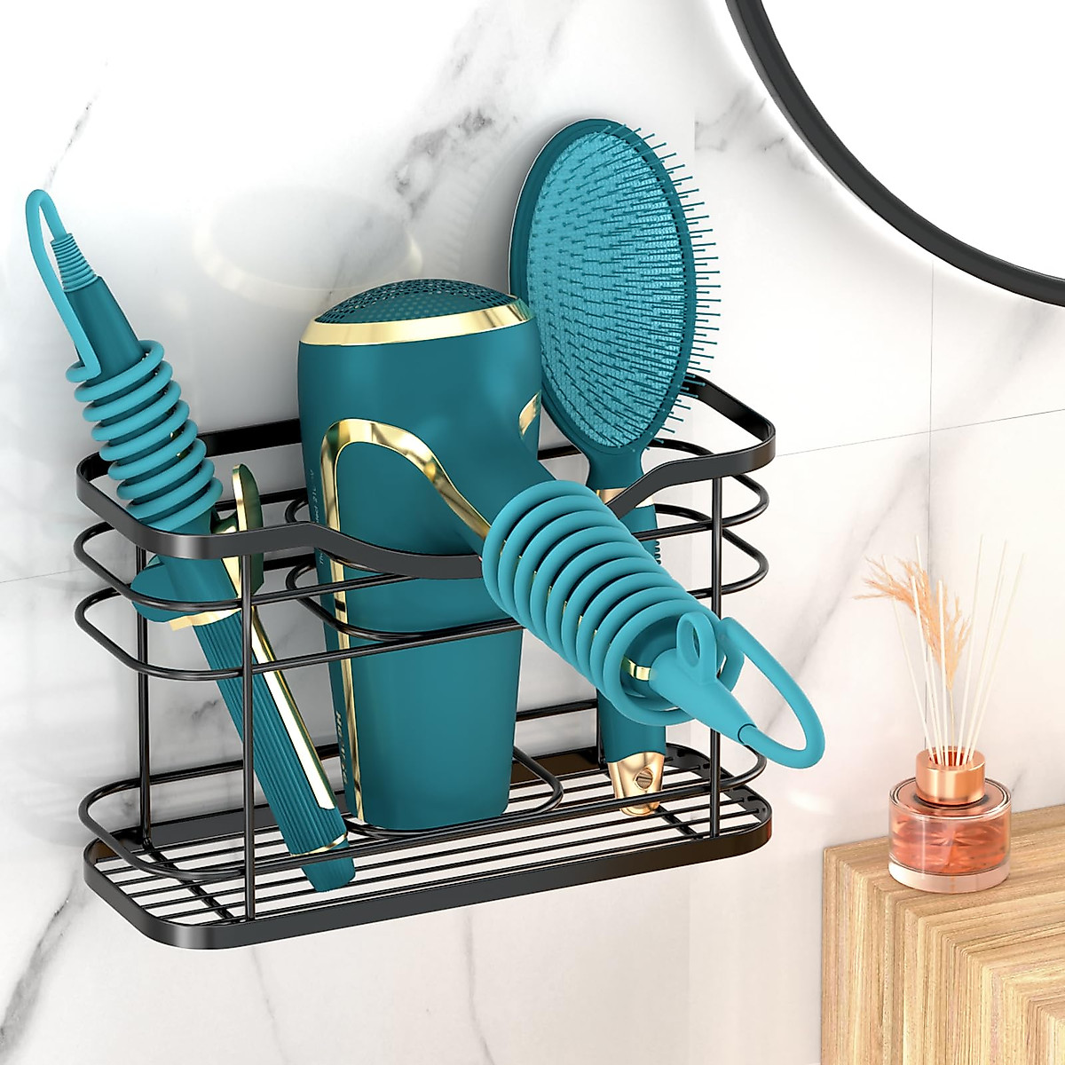XILIMEN Hair Dryer Holder 3 in 1 Hair Tool Organizer Wall Mounted/Cabinet Door Bathroom Storage Under Sink Stainless Steel Countertop Hot Tools Basket for Blow Dryer, Curling Iron, Straightener