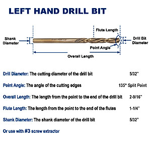 Drill Hulk 7-Piece M35 Cobalt Left Hand Drill Bit Set for Removing Damaged Bolts and Screws, 5/64-Inch, 7/64-Inch, 5/32-Inch, 1/4-Inch, 19/64-Inch