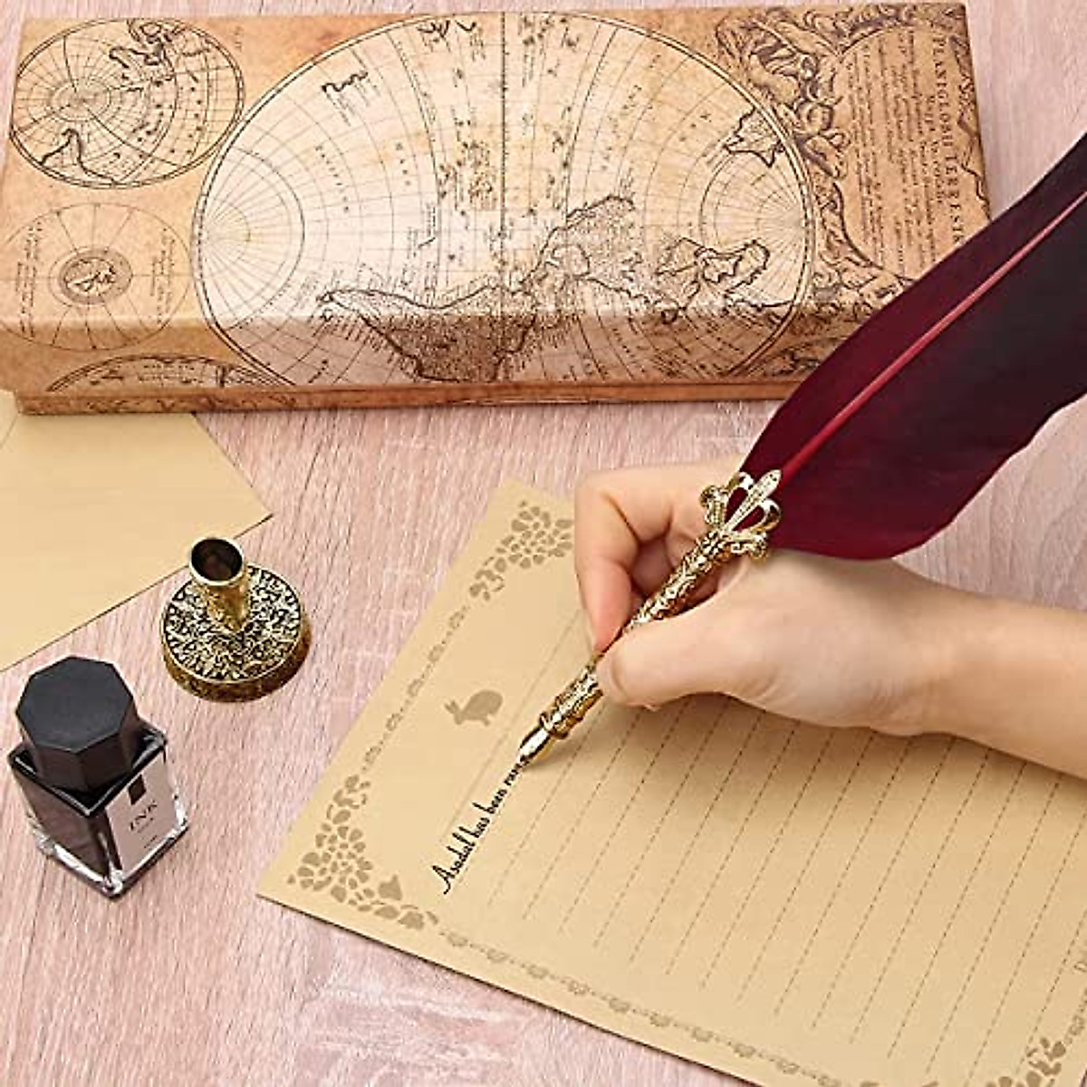 Feather Quill Pen Ink Set - Calligraphy Dip Pen Set Fountain Pen Ink Red Feather Pen Display Case with Inkwell and Stand - Quill Pen Set with 5 Stainless Steel Pen Nib Set for Writing Paper, Letter