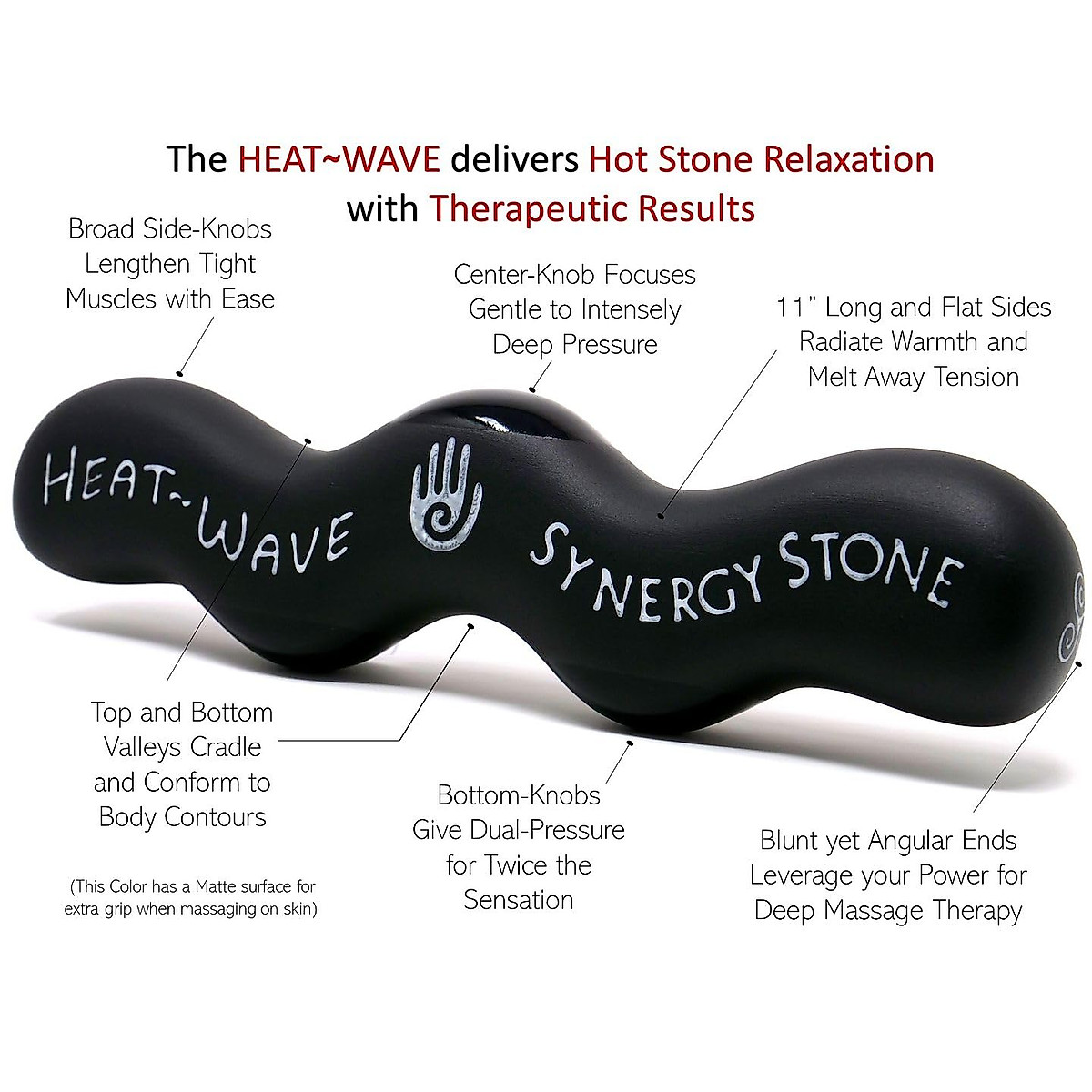 Heat-Wave (Basalt Black) Synergy Stone - Contoured Hot Stone Massage Tool with Radiant Heat - Relaxing and Therapeutic for Neck, Back, Legs, Feet - Natural-Matte Surface for on Skin with Oil only
