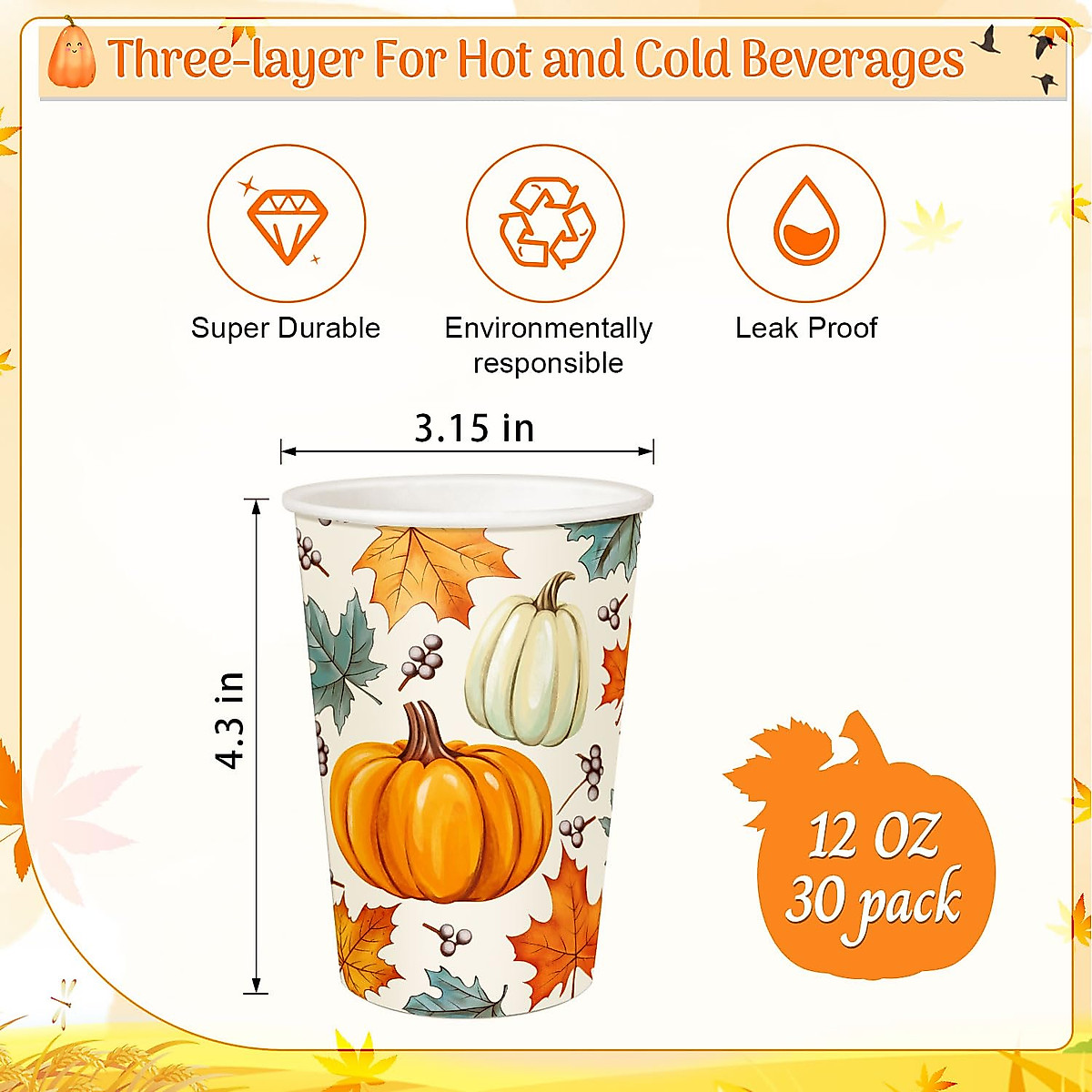 Thanksgiving Disposable Paper Cups 30 Pack, Pumpkin Maple Leaves Paper Cups, Fall Drinking Cups for Hot and Cold Beverages 12 Ounce, Thanksgiving Dinner Autumn Harvest Fall Party Supplies