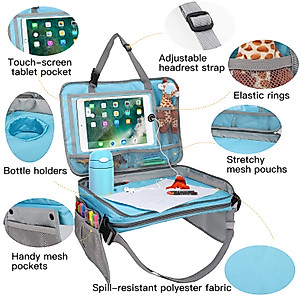 Zooawa Kids Travel Tray Car Seat Trays, Detachable 4 in 1 Toy Storage Organizers Bag iPad Kindle & Other Tablets Holder for Toddlers -Blue