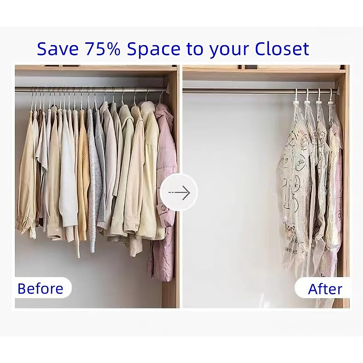 SunHorde Hanging Vacuum Storage Bags for Clothes 6 Pack Large Hanging Vacuum Sealed Bags, Hanging Space Saver Bags for Closet Organizer, Garment Cover Vacuum Sealer Bags for Travel