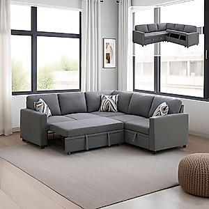 UOCFYK Sackcloth 3-Pieces Pull Out Sleeper Sofa Bed with Storage Chaise, L-Shape Sectional Couch Bed with Back Cushion for Living Room,Apartment,Office - Dark Grey