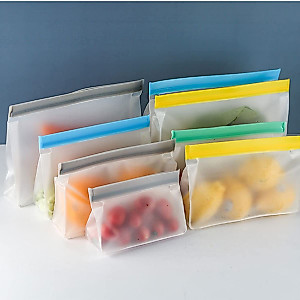 JANKOW 10 Pcs PEVA Transparent Reusable Food Storage Zipper Bags, BPA FREE Flat Freezer Bags (5 x 700ml + 4 x 350ml) Resealable Lunch Bag for Meat Fruit Veggies. (10PCs Big*2 Medium*4 Small*4)