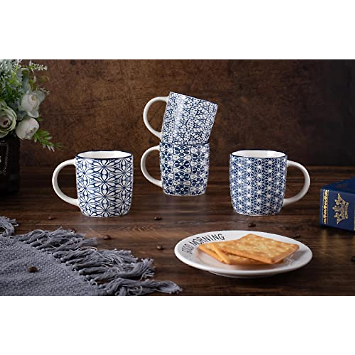 Set of 4 12 oz Coffee Mugs with Blue and White Geometric Patterns, Ceramic Tea Cup Set, Gift for Friends (Set 1)