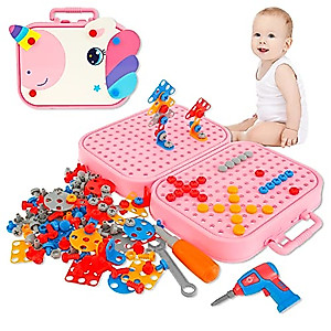 211 Pcs Creativity Tool Box, Electric Drill Puzzle Toys for Kids STEM Educational Building Toys Learning Kit with Electric Drill Screw Tool Set Educational Toys for Kids Boys and Girls Gift (Pink)