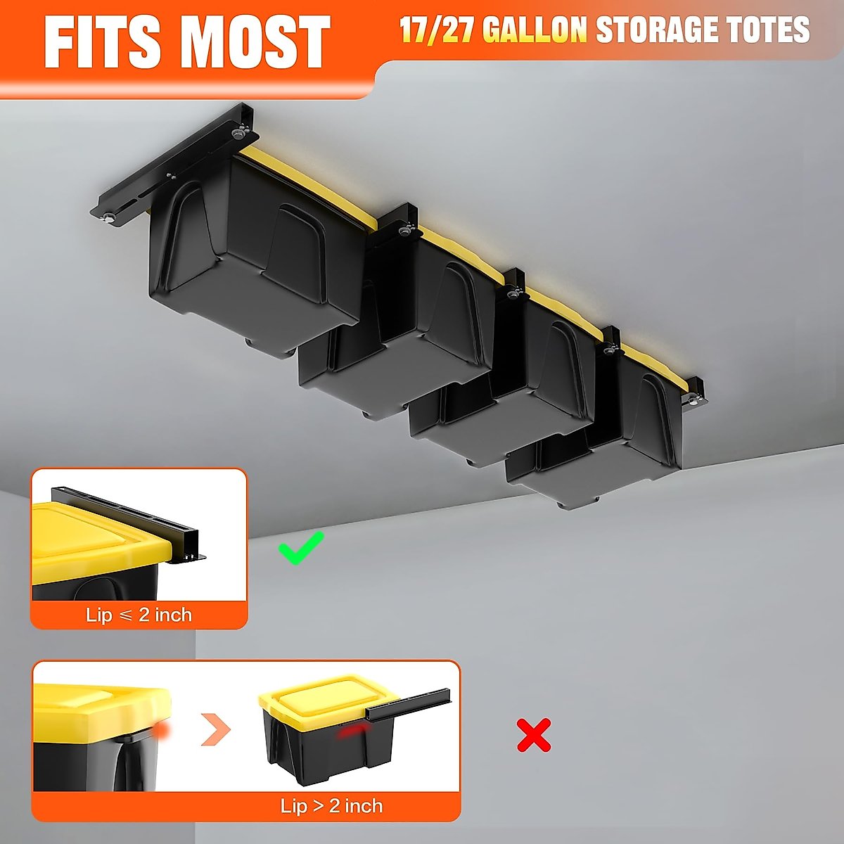 TORACK Garage 16" Studs Ceiling Bin Storage Rack, Overhead Tote Storage Rail System Heavy Duty Adjustable Tote Slide Garage Storage System(for 4 Bins, Bins are not included)
