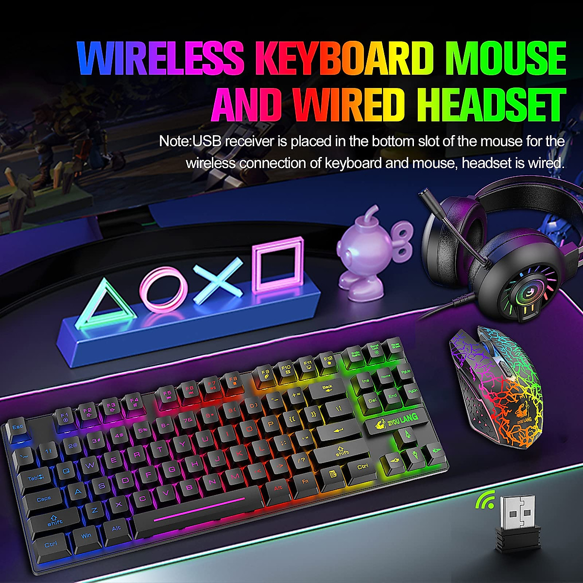 ZIYOU LANG Wireless Gaming Keyboard Mouse and Wired Headphone with Ergonomic 87Key Rainbow Backlight Rechargeable 3800mAh Battery Mechanical Anti-ghosting Mouse pad for PC Laptop Gamer Typist(Black)
