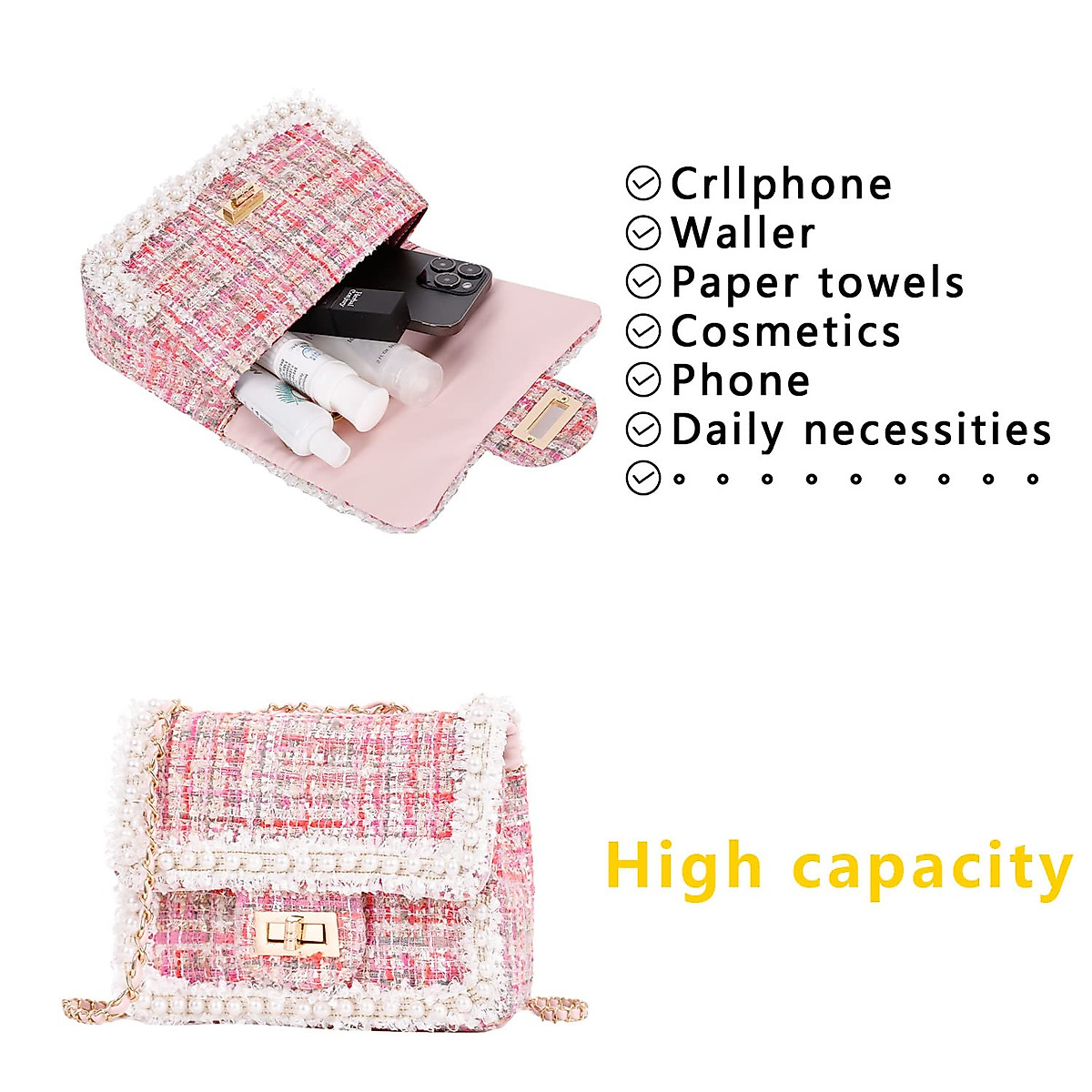 Qiayime Purse and Handbags for Women Fashion Tweed Pearl Top Handle Satchel Shoulder Tote bead chain Crossbody Clutch Bag (pink)