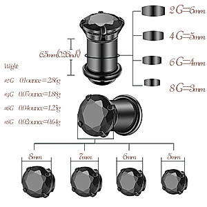 3Pairs Lightweight Ear Gauges Plugs Tunnels 2G/6mm 316L Stainless Steel Prong Setting Clear/Black CZ Ear Stretcher Expander Plugs with Rubber O-Rings (A01:3Pairs(2G=6mm))