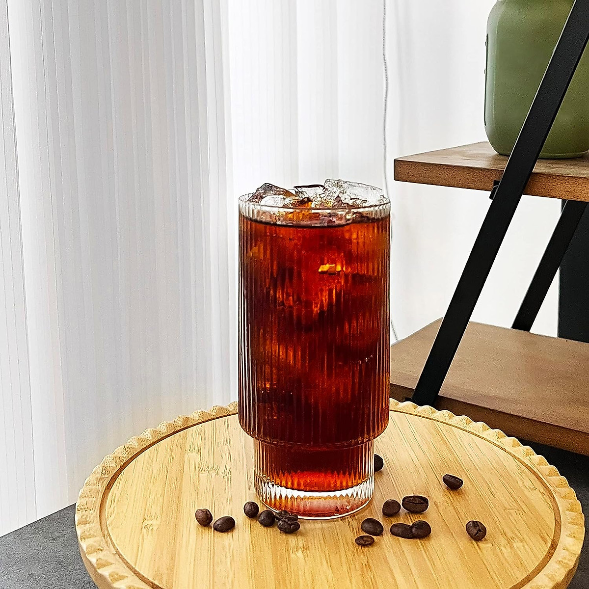 Ribbed Glassware Set of 4, 14oz Ribbed Glass Cups with Glass Straw, Ribbed Juice Glass Fluted Glassware Ribbed Drinking Glasses for Margaritas Whiskey Smoothie Ice Tea Coffee Soda Cocktail Beer Gift