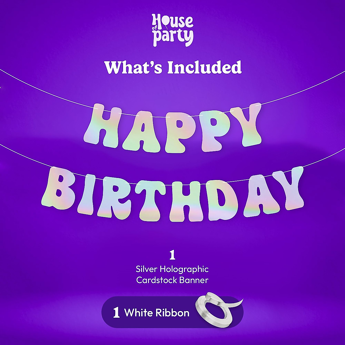 HOUSE OF PARTY Happy Birthday Banner | 6Ft Pre-Strung Iridescent Silver Happy Birthday Letters Banner Sign | Bday Hanging Backdrop Party Decorations Banner| Beautiful Birthday Door Decoration