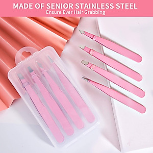 Tweezers Set 4-piece, Professional Stainless Steel Tweezers, Precision Tweezers for Eyebrows, Facial Hair, Ingrown Hair, Splinter, Blackhead Remover (PINK)…